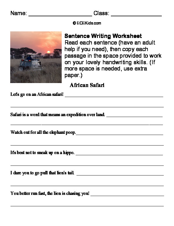 African Safari Sentance Writing Worksheet - ECEkids