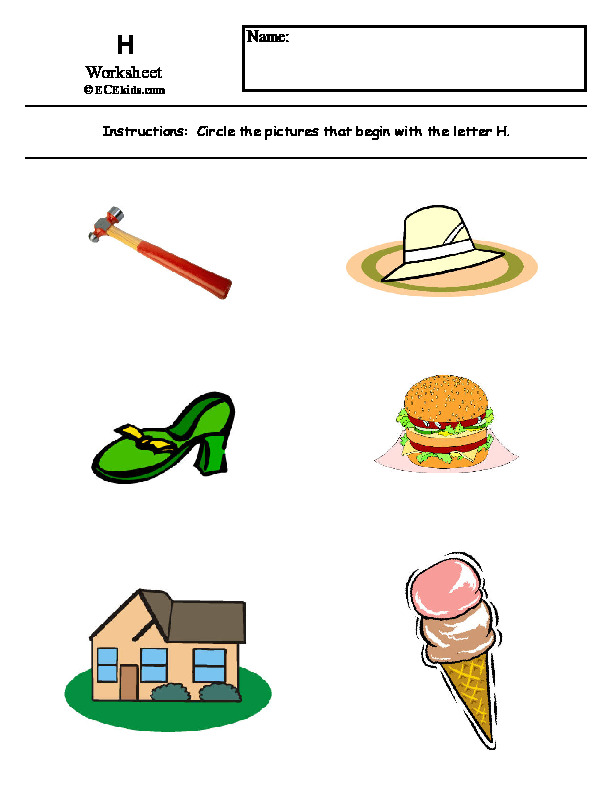Letter H Circle the Picture Worksheet - ECEkids